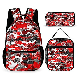 DTCCET 3PCS Classic Red Camo Backpack Set, Lightweight Camo Daypack 3D Printed Laptop Bag with Lunch Bags, Stylish Shoulders Backpack with Multiple Pockets(Red Camo)