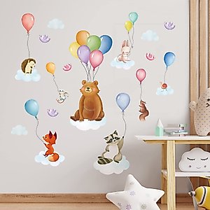 wondever Balloon Flying Animals Wall Stickers Bear Raccoon Fox Cloud Peel and Stick Wall Art Decals for Baby Nursery Kids Bedroom
