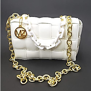 MariaKinz VEGAN Leather Woven Crossbody/Shoulder Handbag Purse for Women, With Matching Acrylic Tote Handle (White)