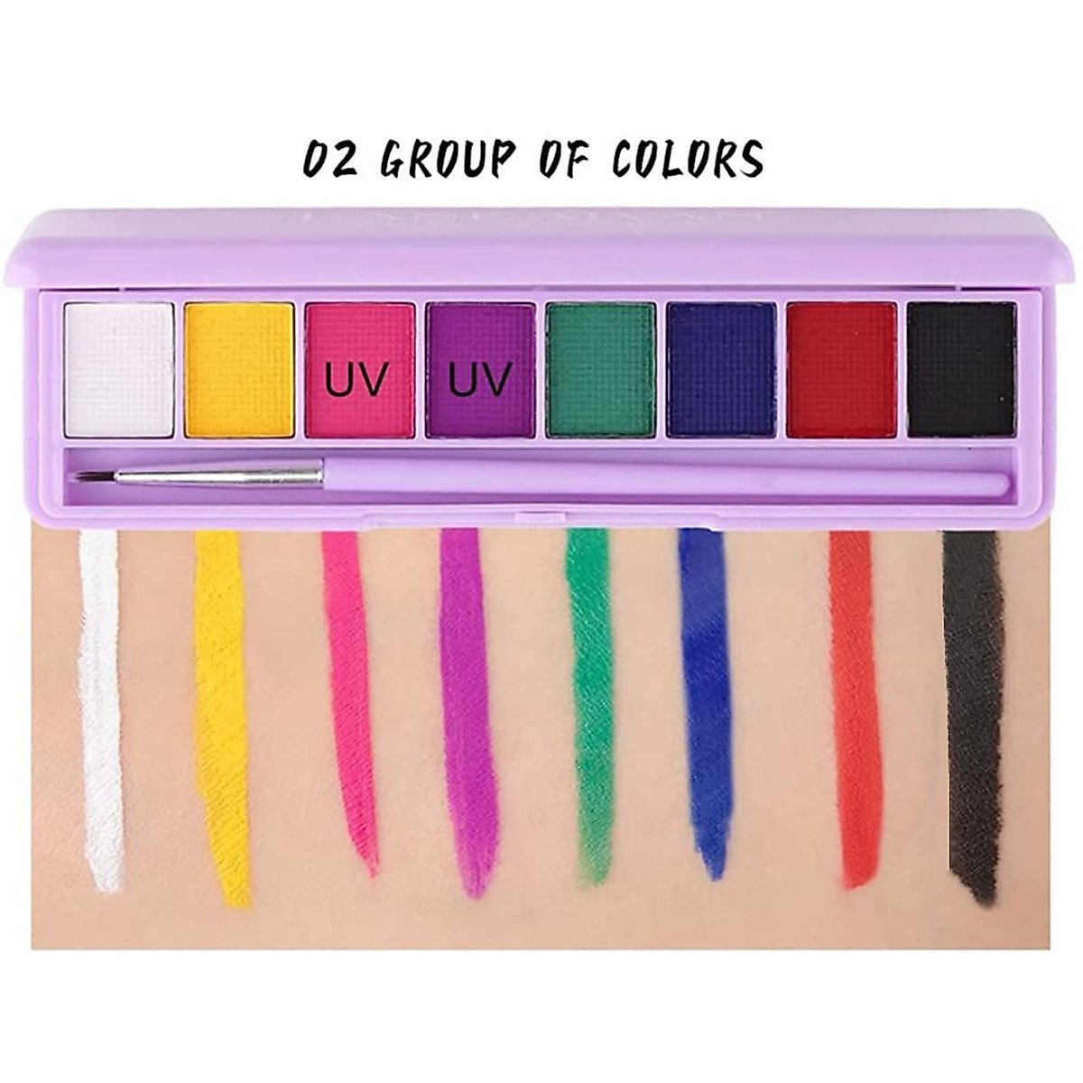 Go Ho 8 Colors Water Activated Eyeliner Palette,High Pigment Bright Vibrant Fluorescent Rainbow Colorful Eye/Face/Body Paint,Matte and UV Paint Graphic Eyeliner with Brushes -02