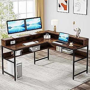 Tribesigns L Shaped Computer Desk with Monitor Stand and Storage Shelf, Rustic Large Corner Computer Desk, Gaming Table Workstation with Bookshelves for Home Office，54”L*47”W