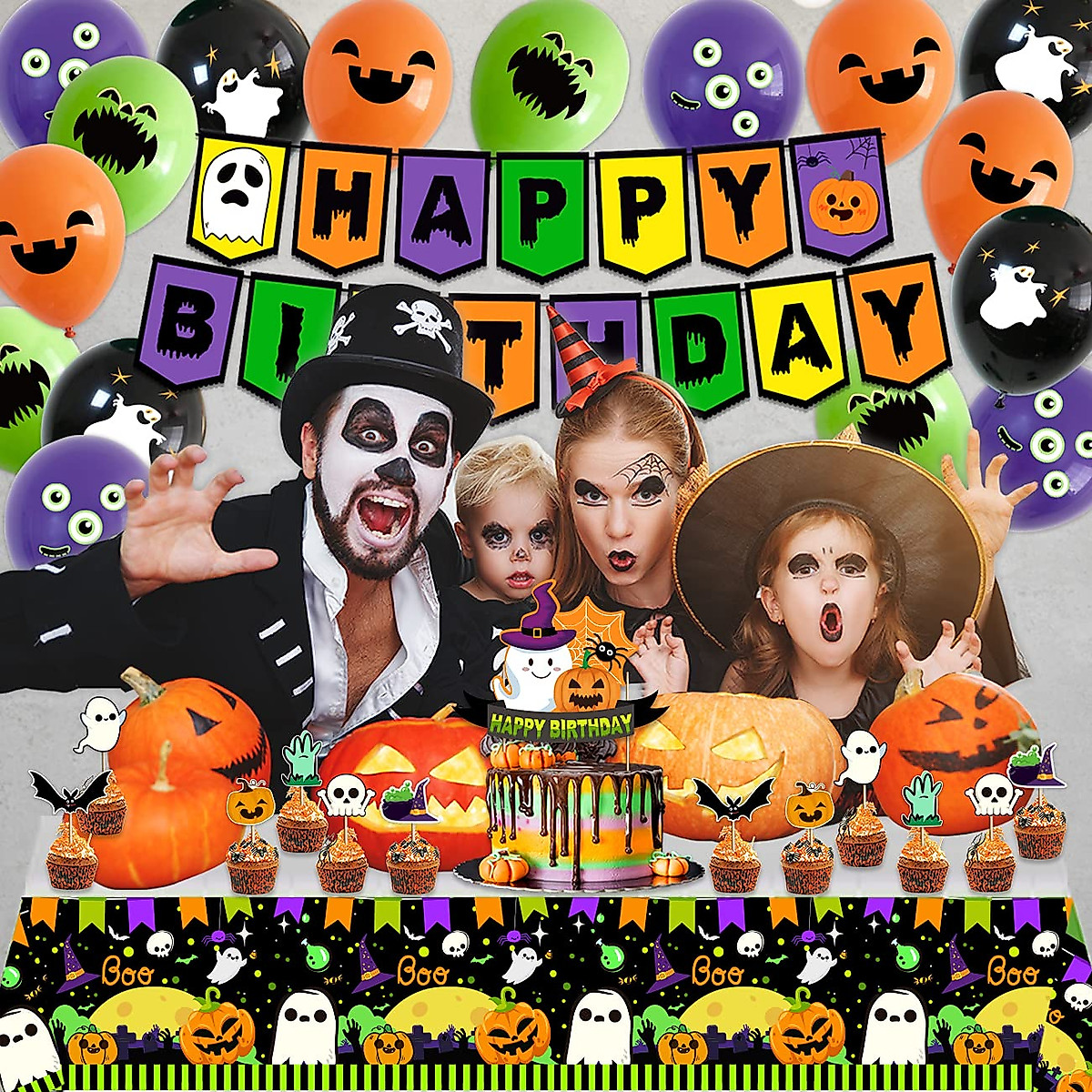 Halloween Birthday Party Decorations, Happy Birthday Banner with Pumpkins and Ghost,Colourful Halloween Cartoon Pattern Balloons,Plastic Tablecloth and Halloween Caketopper