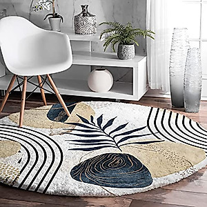 Mid Century Area Rug Khaki Brown Geometric Floral Round Rug Fluffy Floor Carpet Soft Rug Minimalist Modern Art Non-Slip Throw Rug 3' Diameter for Living Room, Bedroom, Apartment, Sofa