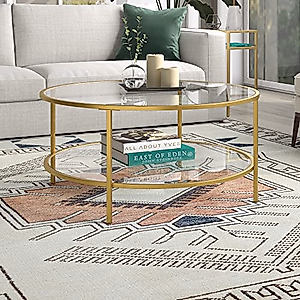 Henn&Hart 36" Wide Round Coffee Table with Glass Top in Brass, Round Coffee Table for living room, studio apartment essentials
