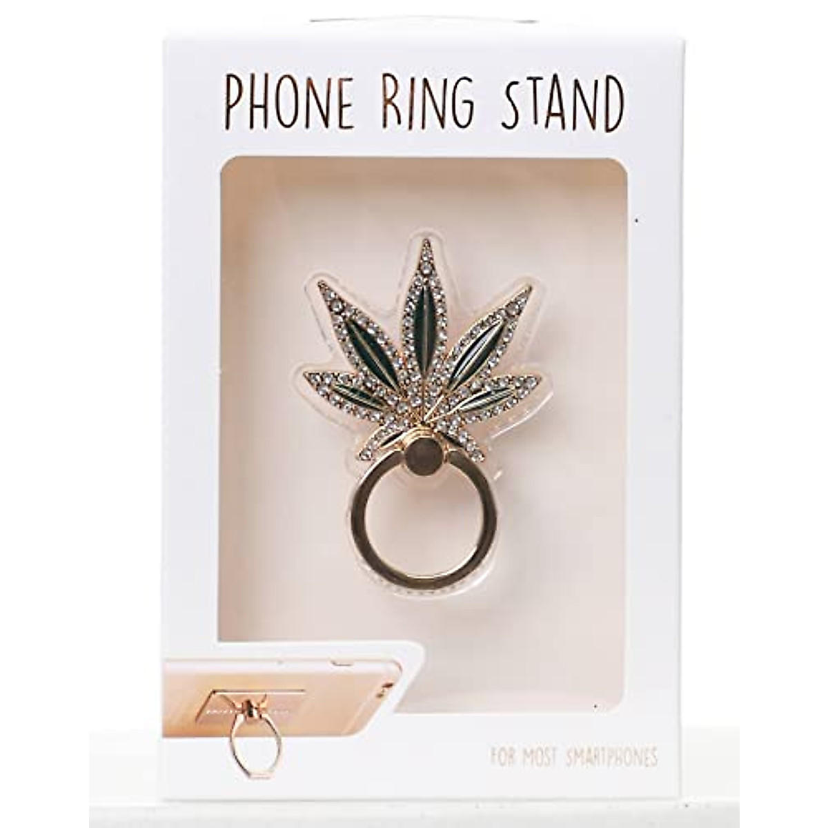 Cell Phone Ring Grip 360 Degree Rotation, Sparkly Crystal Stones Happy Leaf Design, Compatible with iPhone and Android Phone,Gold/Green,6008A-30