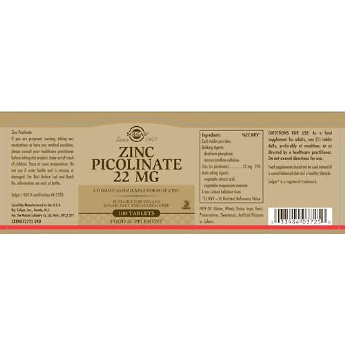 Solgar Zinc Picolinate 22 mg, 100 Tablets - Promotes Healthy Skin - Supports Immune System, Normal Taste & Vision - Antioxidant - Non GMO, Vegan, Gluten Free, Dairy Free, Kosher - 100 Servings