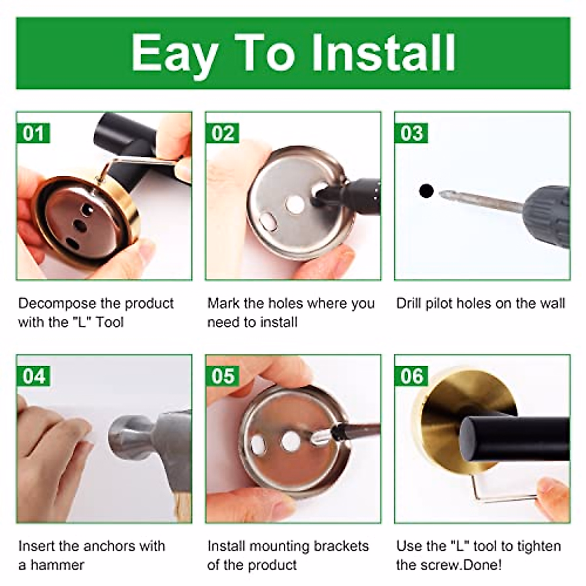 DYRECELVE Bathroom Hardware Set 7 Pieces, Towel Bar Set Stainless Steel Wall Mounted, Includes 16In Towel Rack, 4 Robe Towel Hooks,Toilet Paper Holder, Towel Ring, Black Gold Bathroom Accessories Kit