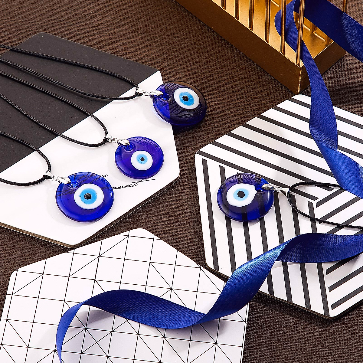 6 Pieces Evil Eye Pendant Necklace Turkish Blue Eye Necklace for Jewelry Glass Gift Eye Leather Rope Chain Necklace for Women Men Accessory (Round Style,1.2 Inch, 1.4 Inch)