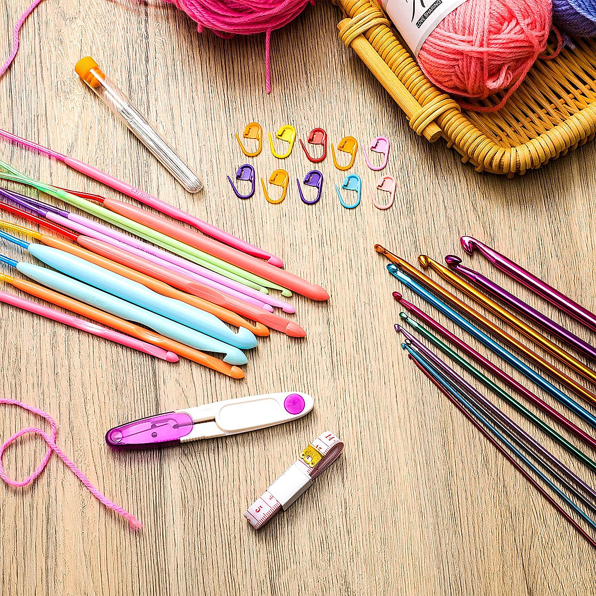 Tunisian Crochet Hooks Set 2-8 mm Aluminum Afghan Crochet Hooks, 3.5-12 mm Plastic Cable Weave Knitting Needle with Storage Bag, Scissors, Stitch Markers, Blunt Needles, Measure Tape for Beginner