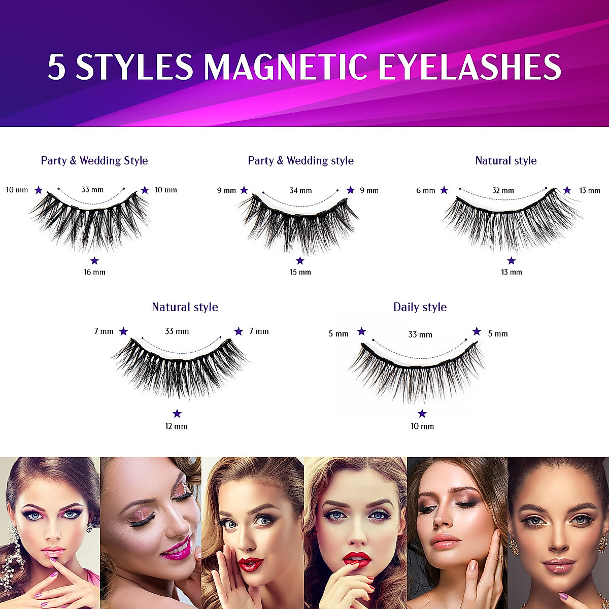 Magnetic Eyeliner and Lashes Kit, Magnetic Eyeliner and Multi Styles Lashes, Reusable Natural Magnetic False Eyelashes, 5 Pairs