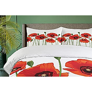 Ambesonne Floral Duvet Cover Set, Poppies of Spring Season Pastoral Flowers Botany Bouquet Field Nature Theme Art, Decorative 3 Piece Bedding Set with 2 Pillow Shams, Queen Size, Red and Green