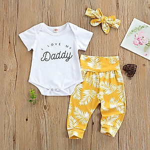 0-18M Newborn Baby Girls Clothing Set Short Sleeve Cotton Letter Romper Bodysuit + Floral Pants + Headband (I Love Daddy , 0-3 Months )
