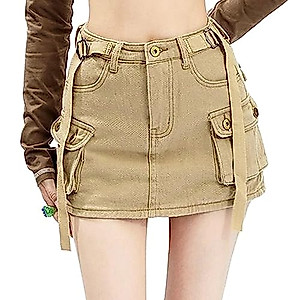 Khaki Mini Cargo Skirt for Women Low Waist Y2k Short Denim Jean Skirt (Khaki, M)