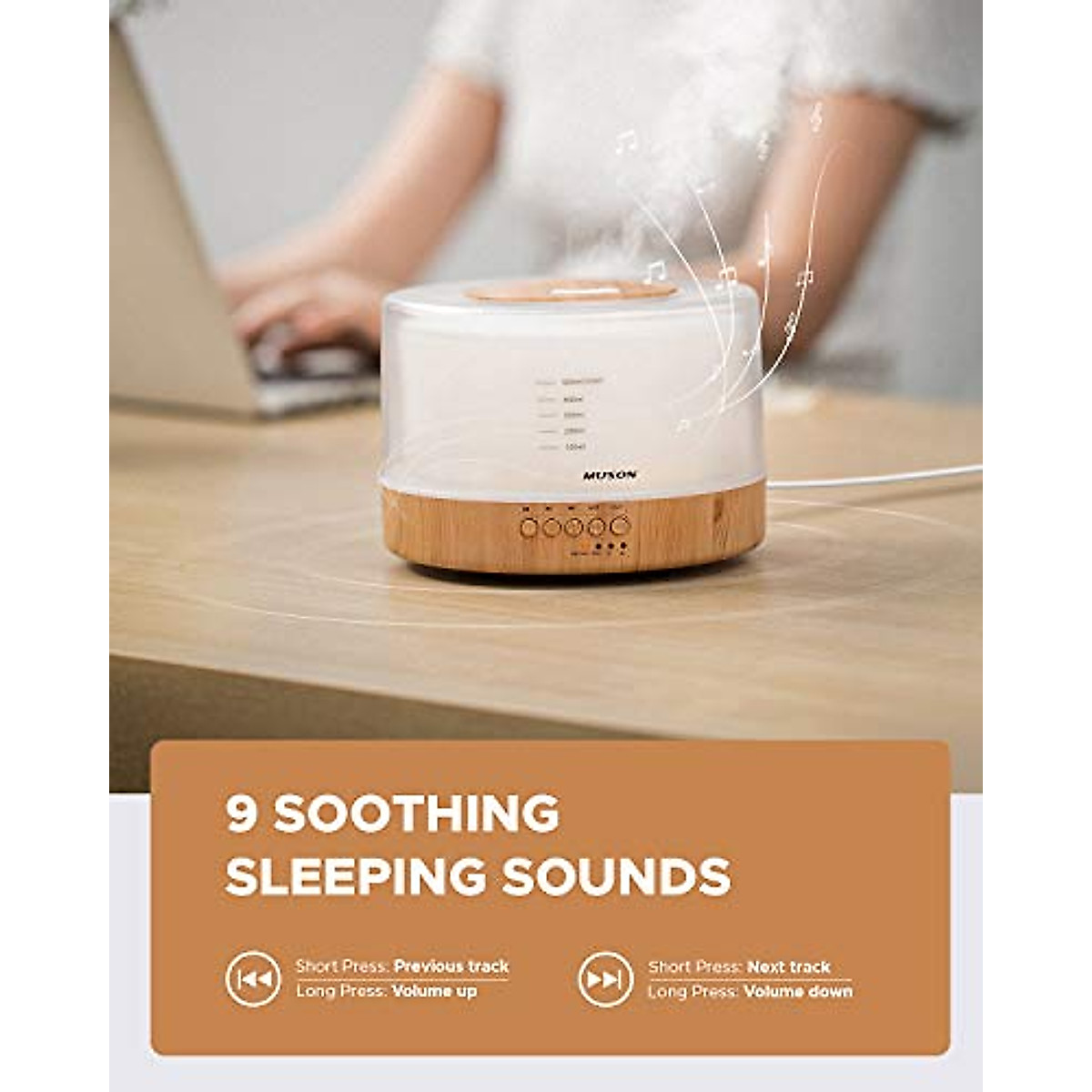 muson Essential Oil Diffuser Sound Machine Combo Diffuser for Aromatherapy Fragrant Oil Cool Mist Humidifier with Natural Sound Music & Warm Night Light, Auto Shutoff, White
