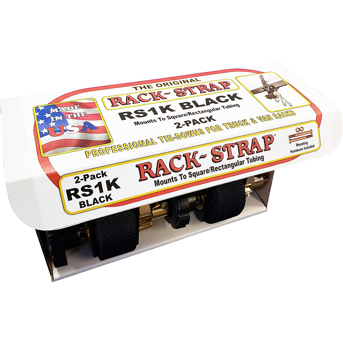 2 Pack, Rack-Strap Ladder Rack Tie-Downs, Right Angle Mounting Bracket, RS1K Black Right Angle Mounting Bracket, Bolt Mounting Hardware Included, 8 Ft Black Strap