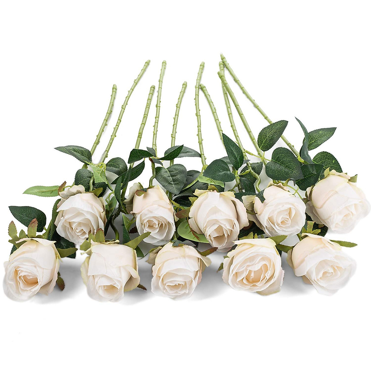 Flojery 10pcs Artificial Rose Flowers Long Stem Fake Silk Roses for DIY Wedding Bouquet Table Centerpiece Home Decor (White)
