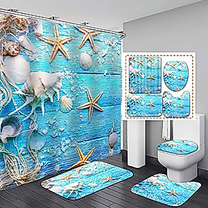 4 Pcs Nautical Bathroom Sets with Shower Curtain and Rugs and Accessories, Ocean Beach Shower Curtain with 12 Hooks, Durable Waterproof Fabric Shower Curtain 72x72inch