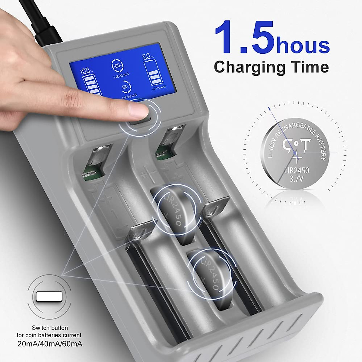 2450 Rechargeable Battery with Charger Smart Charging 3.7V Lithium Cells LIR2450 LIR2032 LIR2032H