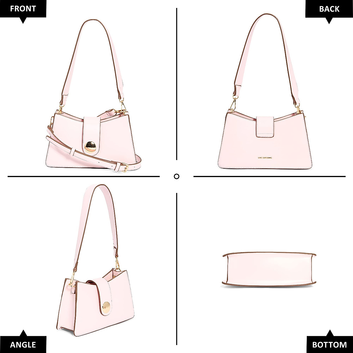 Like Dreams Women Fashion Vintage Shoulder Purse Chic Vegan Leather Messenger Buckle Crossbody Handbag (Blush)