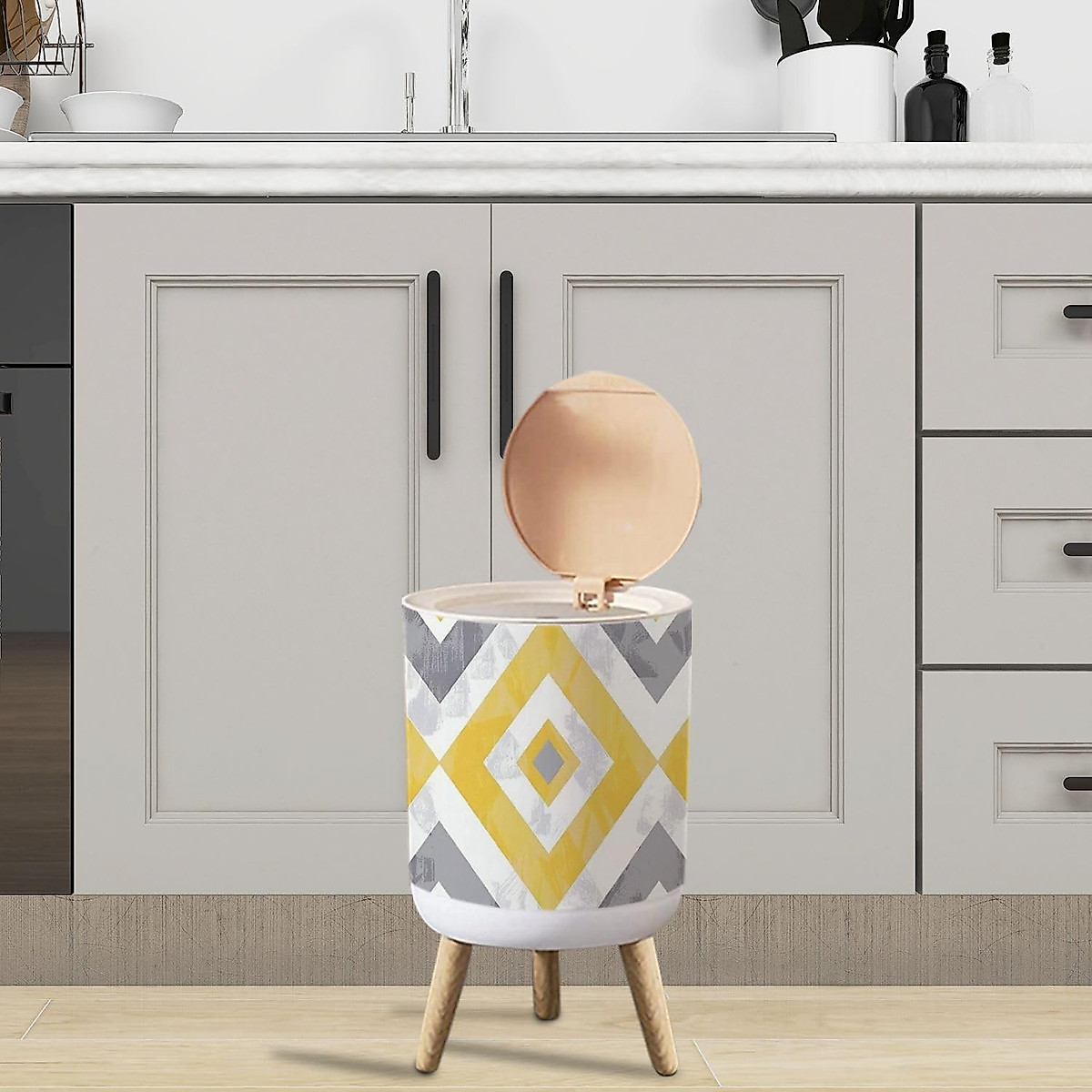 LGCZNWDFHTZ Small Trash Can with Lid for Bathroom Kitchen Office Seamless Abstract Geometric Pattern Pastel Yellow Gray White Diagonal Garbage Bin Waste Basket Decorative 1.8 gallons, 14x9inch