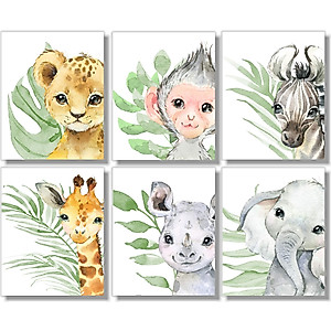 Baby Safari Animals Wall Art Prints - Nursery Decor - Set of 6-8x10 - Jungle Animal Pictures - Unframed - Watercolor