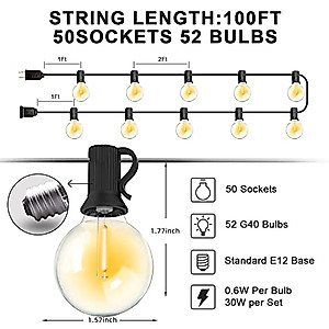 hyrion Globe Outdoor String Lights,100ft G40 Patio Lights with 15W E12 Socket Base,50 Edison Bulbs Waterproof led String Lights Outside for Backyard Balcony Garden Party Decor