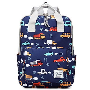 VASCHY Toddler Kids Backpack, Little Boys Lightweight Cute Top Handle Preschool Backpack Tablet Bag for Daycare Kindergarten Vehicles
