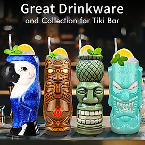 Tiki Mugs Set of 4 - Large Ceramic Hawaiian Party Mugs Drinkware Cocktails Premium Tropical Cups cute exotic cocktail glasses-TJB08 (4)