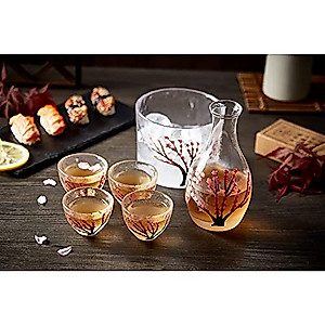 DUJUST Japanese Sake Set for 4, Handcraft Pink Cherry Blossoms Design, 1 Sake Bottle, 1 Sake Tank and 4 Sake Cups, Cold/Warm/Hot Sake Carafe, Special Japanese Gifts Set - 6 pcs