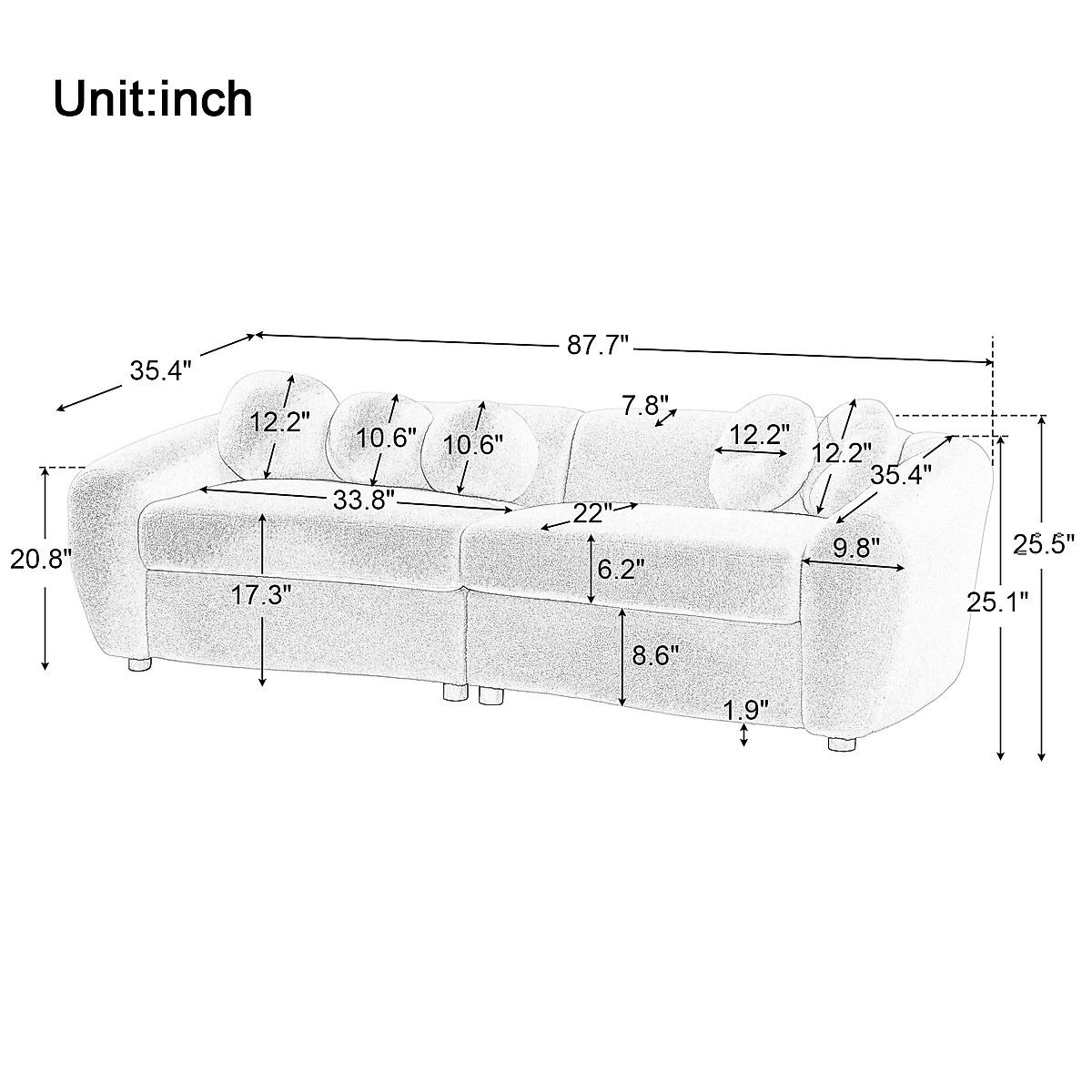 WILLIAMSPACE 87.7" Modern Sofa Couch, Back Upholstered Couch with 5 Decorative Throw Pillows, Teddy Fabric Couch 3 Seater Sofa for Living Room, Office, Apartment (Grey)