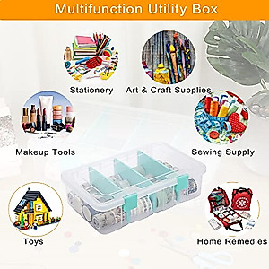 BTSKY Clear Plastic Dividing Storage Box with 4 Compartments Adjustable Storage Bin with Lid Plastic Craft Storage Container Multipurpose Sewing Box Art Supply Organizer, 13.3x8.1x3.4 Inches