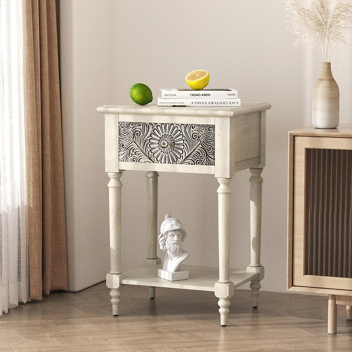 SUNBURY Vintage Nightstand with Drawer, Wood Small Bedside Table with Open Shelf, Shabby Accent End Side Table for Living Room, Bedroom