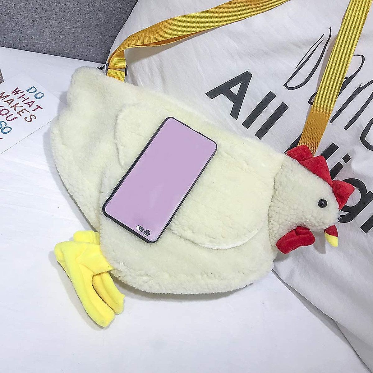 QQBOB Women Crossbody Bag Cartoon Chicken Pattern Large Capacity, Cute Casual Shoulder Bags Fleece Zipper Soft Plush Handbags, Gifts for Friends Daughter Girlfriend White