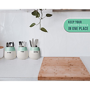 Ceramic "Honeypot" Cutlery Holder - Set of 3 - Farmhouse Silverware Caddy for Kitchen Countretop - Decorative Spoon, Fork & Knife Holder for Parties & More - Rustic Caddy Made of Premium Ceramic