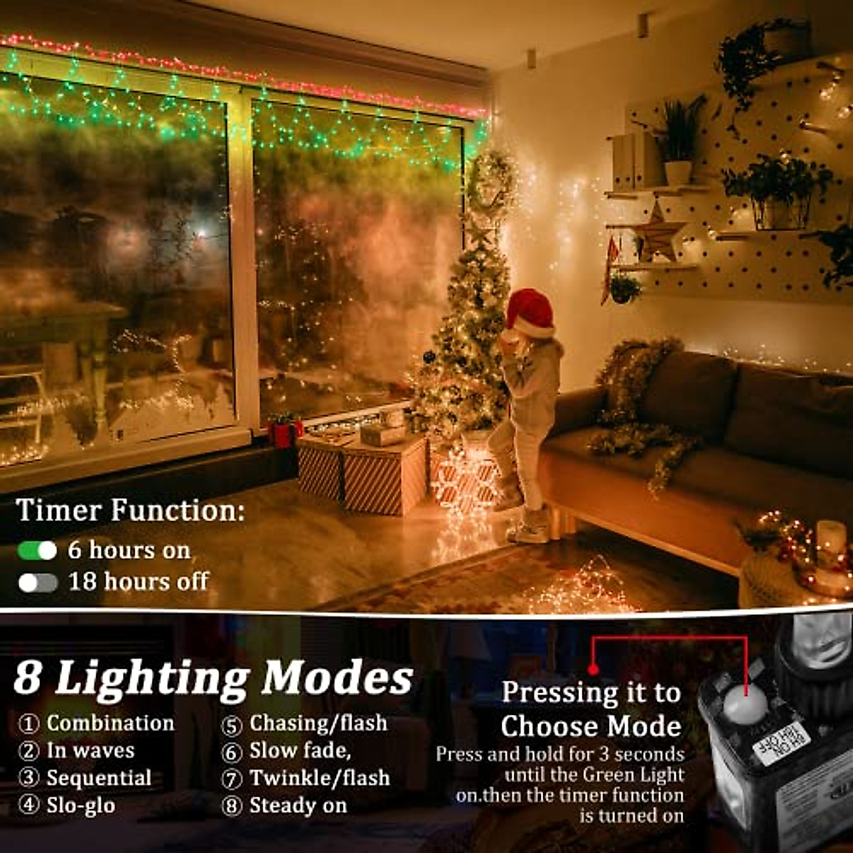447 LED 33 FT LED Christmas Lights String Lights with 19 Semicircles Plug in 8 Modes Christmas Decoration for Holiday Wedding Party Roof Bedroom Window Garden Patio Outdoor Indoor (Green & Red)