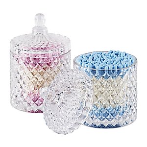 ALAMHI 2 Pack Qtip Holder Cotton Round Ball Holder Set, Apothecary Jars Glass Bathroom Storage jars with Lids for Bathroom Decor, Qtip Dispenser for Cotton Swab,Cutip,Cotton Pad
