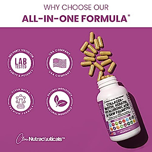 Collagen Pills 1000mg Biotin 10000mcg Keratin Saw Palmetto 2500mg Hyaluronic Acid - Hair Skin and Nails Vitamins and DHT Blocker with Vitamin E Folic Acid Pumpkin Seed MSM Made in USA - 90 Count