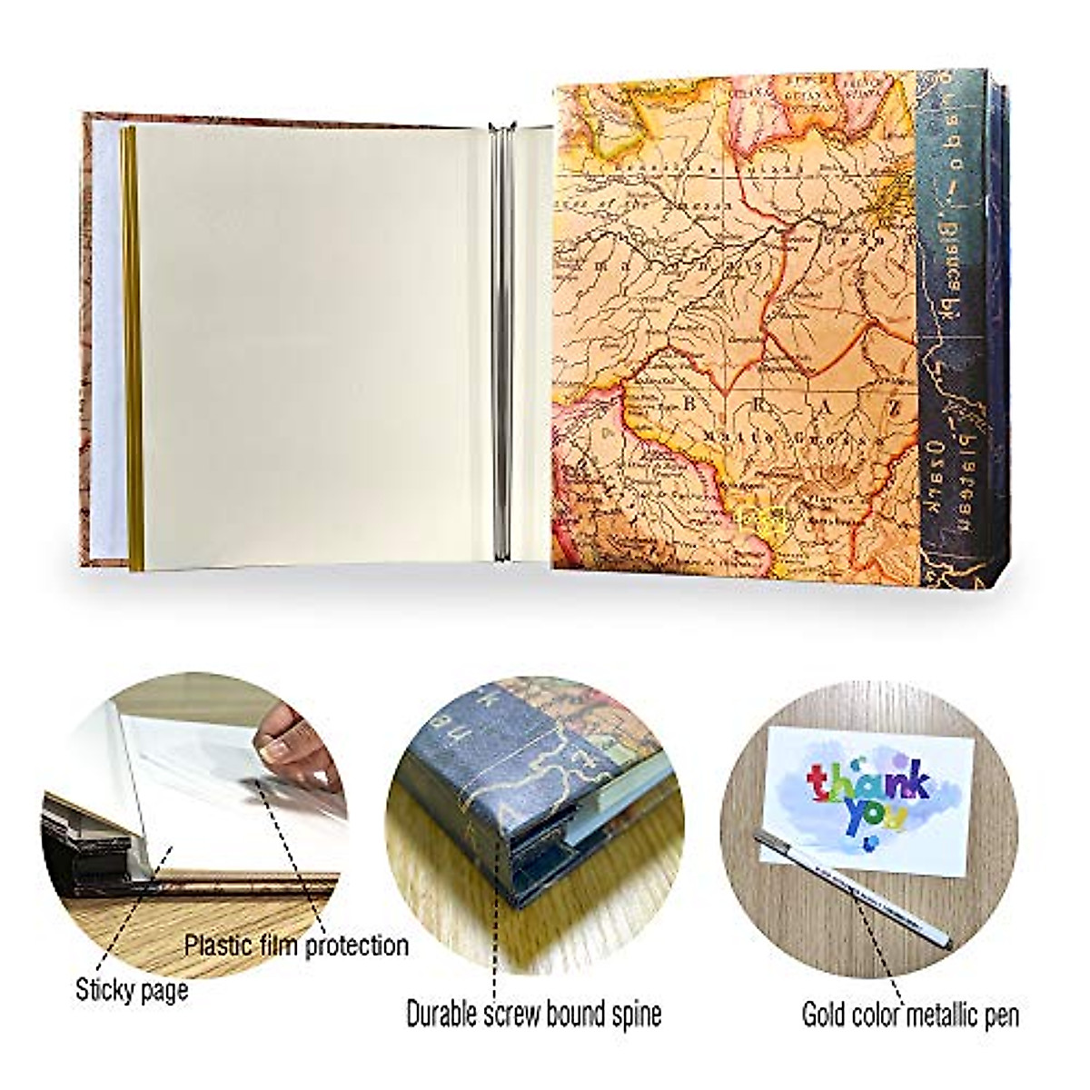 Holoary Self Adhesive Page Photo Album with Metallic Pen Magnetic Self-Stick Page Scrapbook for 3x5 4x6 5x7 6x8 8x10 Hand Made DIY 40 pages Albums, Printed Kraft Paper Cover Old Map Adventure World Travel Vacation Memory Book
