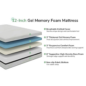 Novilla Queen Size Mattress, 12 Inch Gel Memory Foam Mattress Queen, Mattress in a Box for Back Pain Relief, Medium Firm Mattress with Edge Support & Motion Isolation, Ataraxia