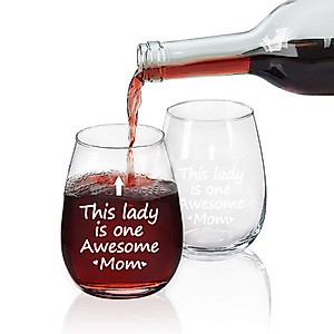 SHENDONG This Lady Is One Awesome Mom Wine Glass Birthday Mothers Day Gifts for Mom Mother from Daughter Kids Son Mom Gifts 15 Ounce Thicken with Gift Box White