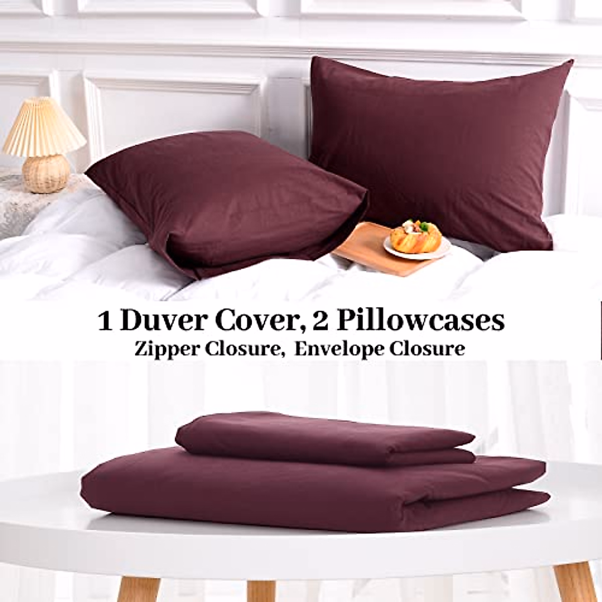 NEXHOME PRO Duvet Cover Set Queen Size Linen Look Textured 100% Washed Cotton Duvet Cover Burgundy Dark Red 3 Pieces Bedding Set with Zipper Closure,Breathable, Soft Organic Natural(No Comforter)