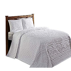 Better Trends Chenille Bedspreads Set Queen Size, Trevor Collection Medallion Design in White - Lightweight bedspreads, 100% Cotton Tufted Cotton Bedspreads