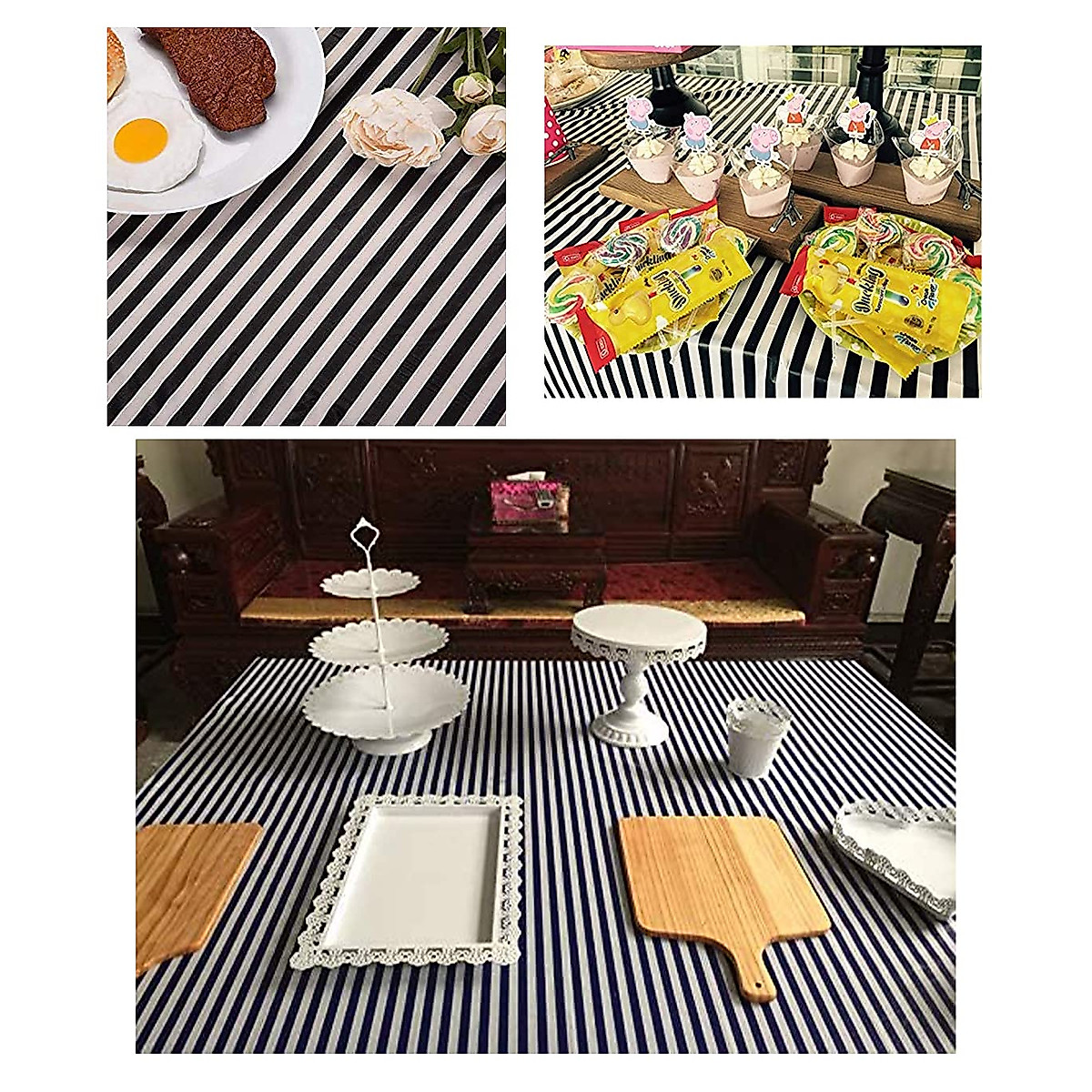Yansanido 2pcs Plastic Picnic Party Tablecloth,Plastic Picnic Tablecloth 54''x108'' Rectangle Kitchen Picnic Wedding Birthday Party Table Covers Best (Black White Stripe, 2)