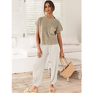 ANRABESS Women's Two Piece Outfits Knit Sweater Pullover Crop Top & Pants Lounge Matching Tracksuit Sweatsuit Sets 2024 Trendy Loungewear Clothes Khaki White X-Large