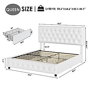Keyluv Modern Upholstered Bed Frame with 4 Drawers, Button Tufted Headboard Design, Solid Wooden Slat Support, Easy Assembly, Queen Size, White