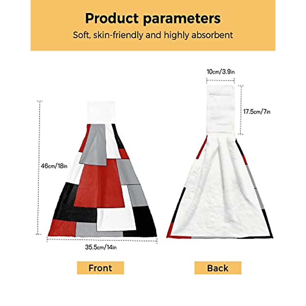 PIEPLE 2 PCS Kitchen Hand Towels, Irregular Geo Color Block Soft Plush Hanging Tie Towels with Loop for Kitchen Bathroom Dish Cloth Tea Bar Towel White Grey Black Red Abstract Geometric