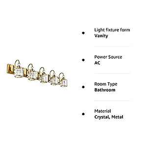 Ralbay Crystal Bathroom Vanity Lights 5-Lights Brass Gold Crystal Bathroom Vanity Lights Over Mirror Modern Crystal Gold Bathroom Wall Lighting Fixtures