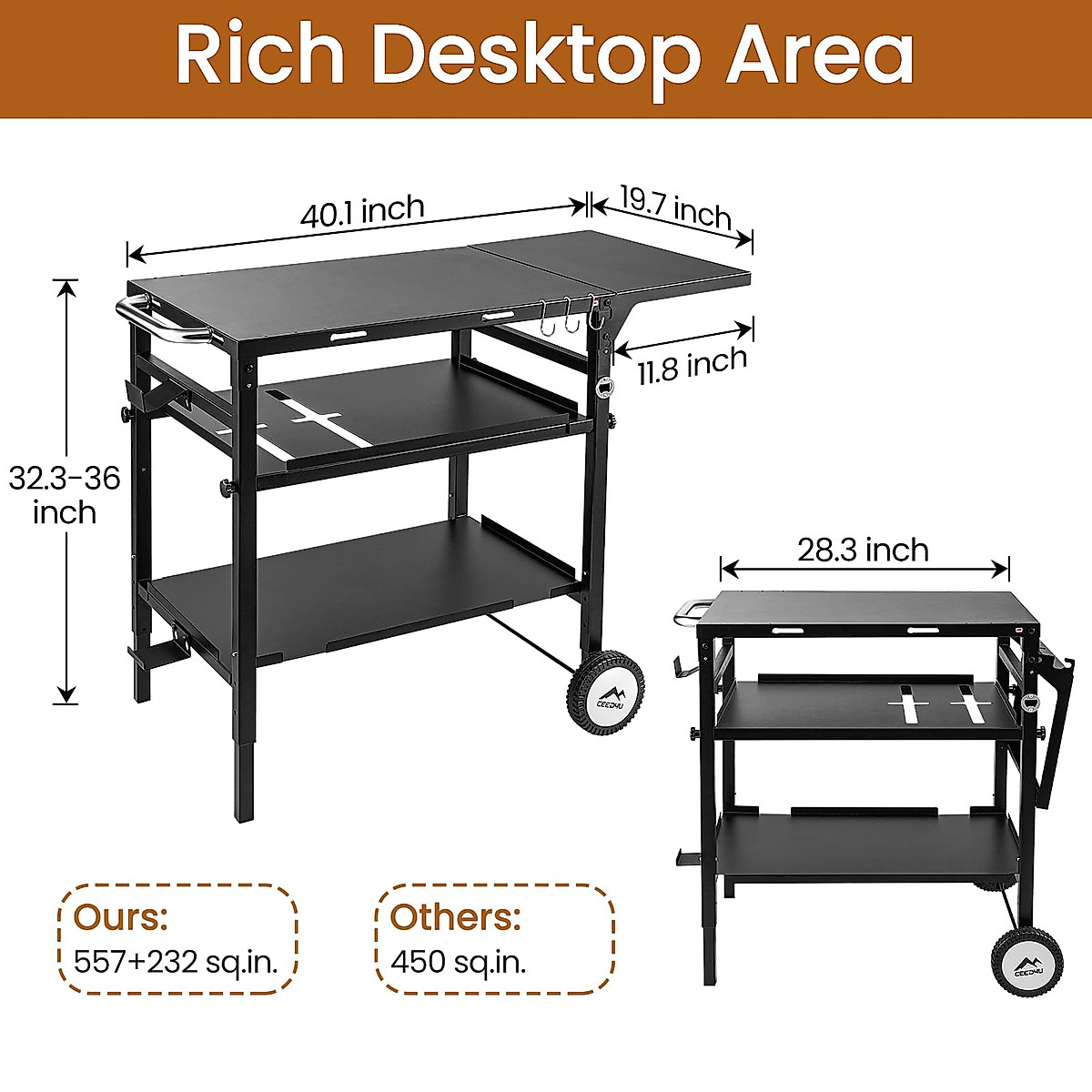 CEED4U Folding Grill Cart Table with Three-Shelf, 40" x 20" Movable BBQ Cart Sturdy, Height-Adjustable, Spacious Tabletop Grill Stand Dining Cart Table for Car Tailgating, Camping, Party