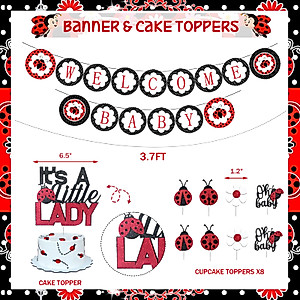 126 PCs Ladybug Baby Shower Decorations, Fiesec Ladybug Baby Shower Supplies Welcome Little Ladybug Backdrop Balloon Garland Banner Tablecloth Cake Topper Walking Balloon Polka Dots Heart Flower