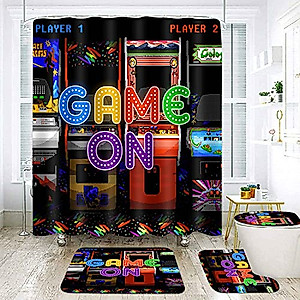 SDDSER Games Shower Curtain Set, 4PCS Play Game Kids Bathroom Shower Curtain Sets with 72 in Video Game Shower Curtain and Bath Mat, Toilet Lid Cover and U Shaped Rug, 12 Hooks, SETLSSD92